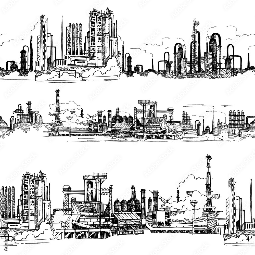 Chemical plant, the production of polymers, hand-drawn sketch vector ...