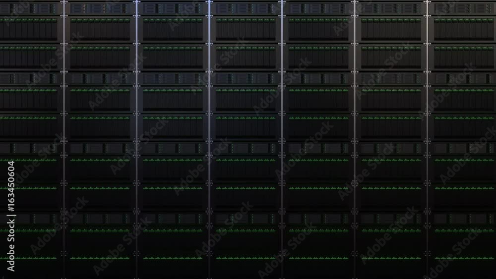 Revealing animation of multiple server racks. Corporate computer ...