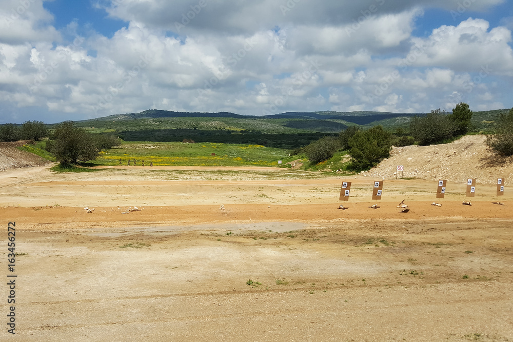 Outdoor shooting range, IDF army soldiers training zone, targets ...