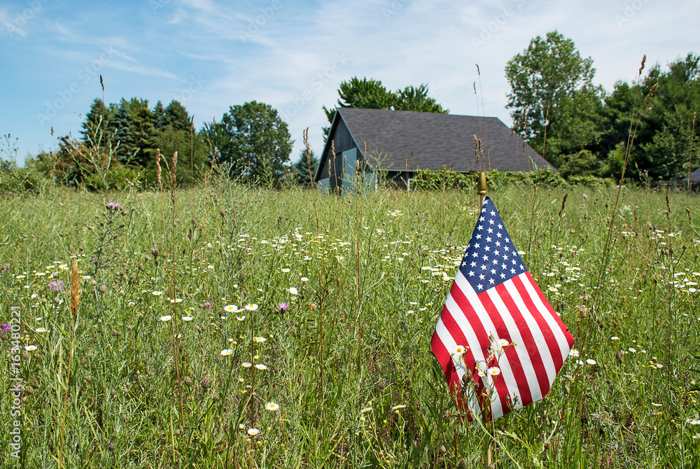 American flag and wildflowers in rural field with old barn Stock Photo ...