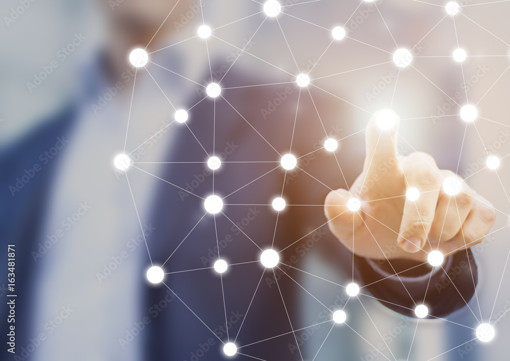 Person touching network chart with connections for internet and data ...