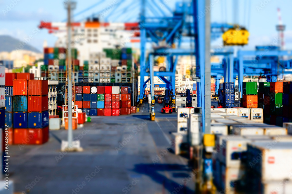 View of a container terminal at the port of Genoa effect model. Stock ...