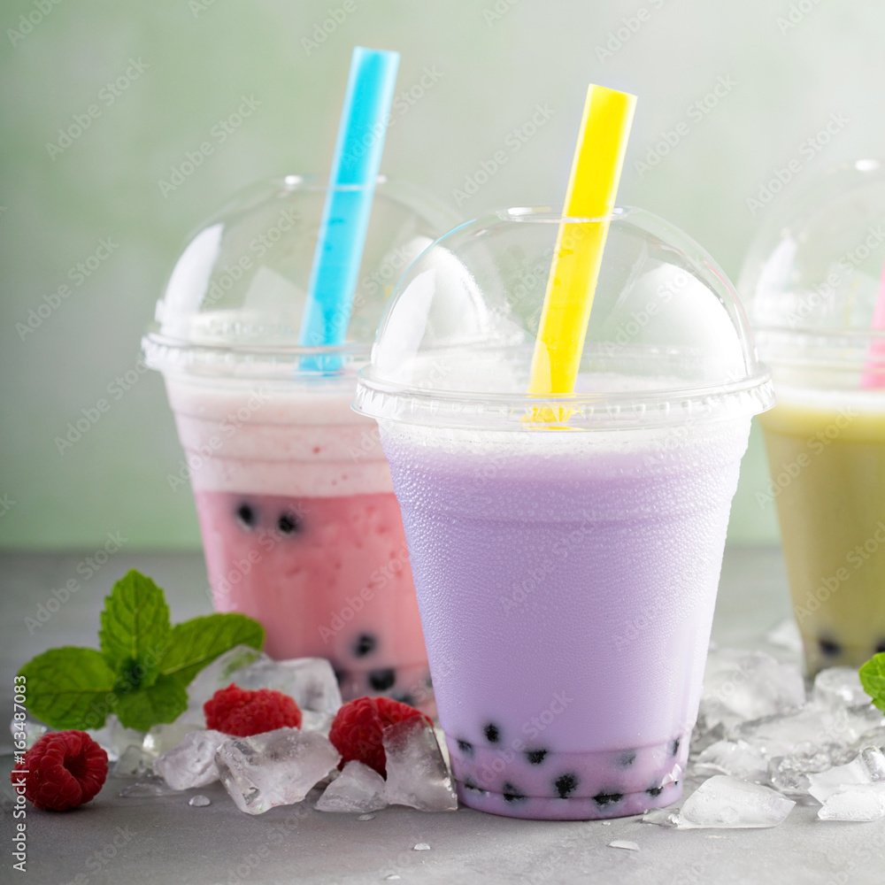 Variety of bubble tea in plastic cups Stock Photo | Adobe Stock