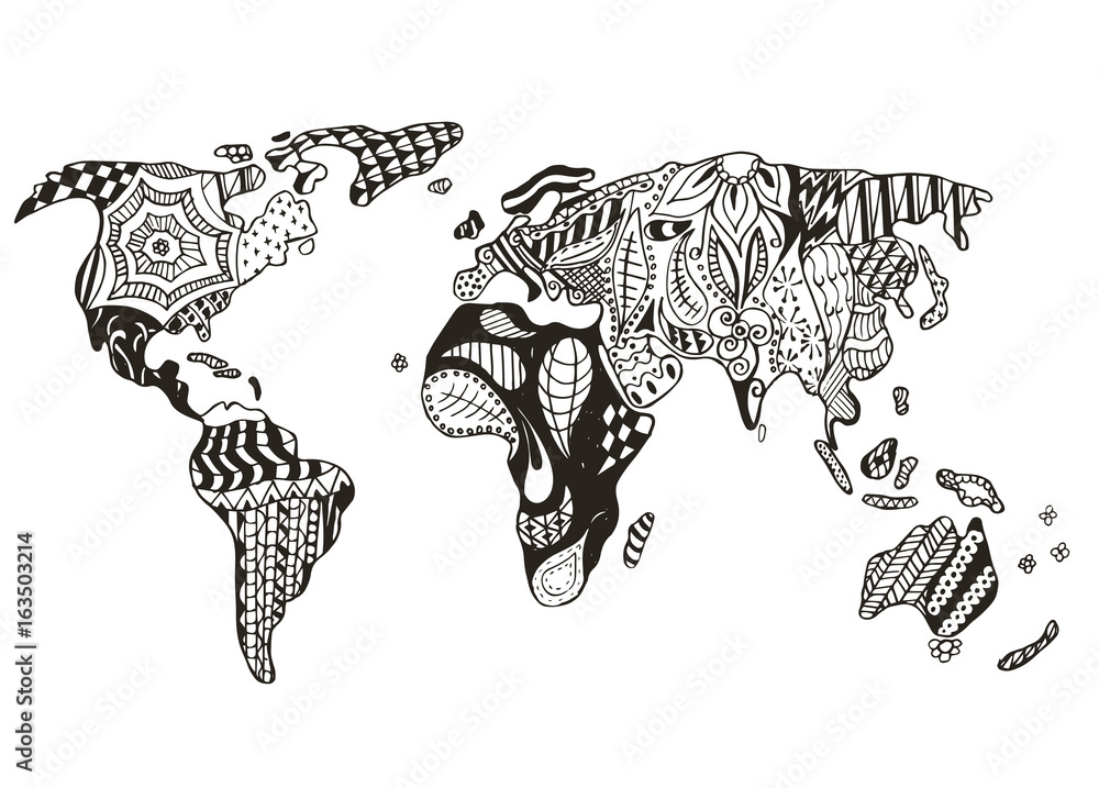 World map zentangle stylized, vector, illustration, freehand pencil ...