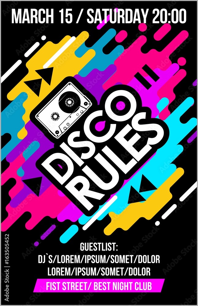 Disco Rules music poster, music banner or flyer with cassette trendy ...
