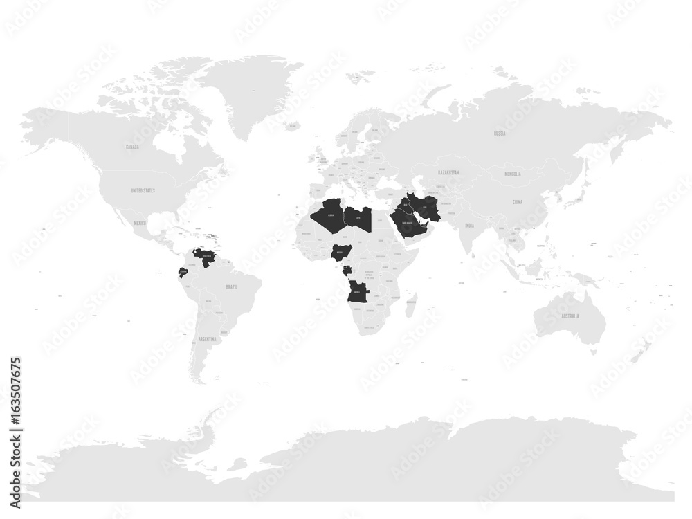 OPEC, Organization of the Petroleum Exporting Countries. World map with ...