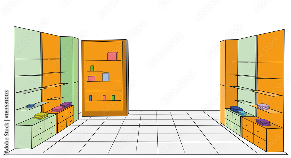 Shop interior. Hand drawn cartoon vector illustration for design and ...