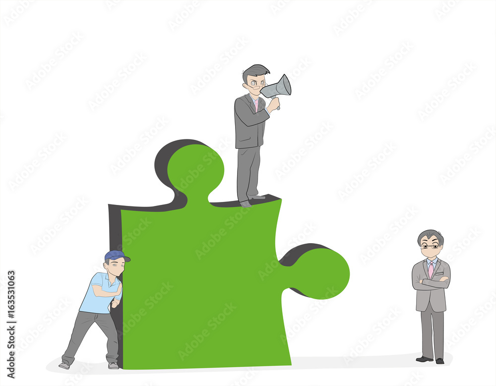 Businessmen are pushing the puzzle. Teamwork. Hand drawn cartoon vector ...