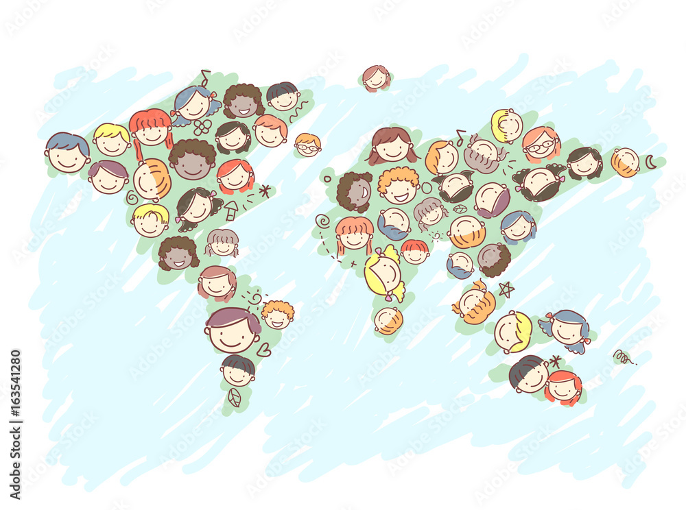 Stickman Kids Heads World Map Illustration Stock Vector | Adobe Stock