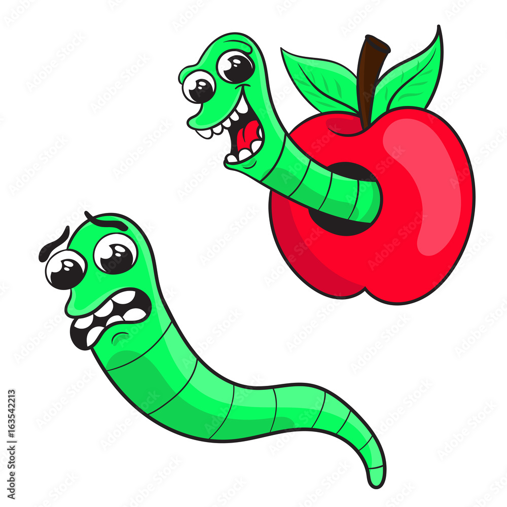 cartoon worm in an Apple, a frightened worm . character design, vector ...