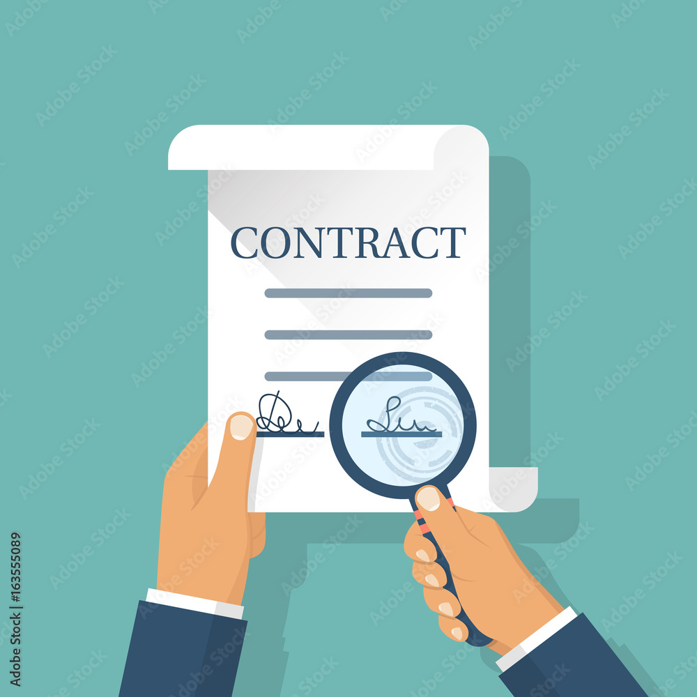 Contract in hands. Holding magnifying glass, studying terms of ...