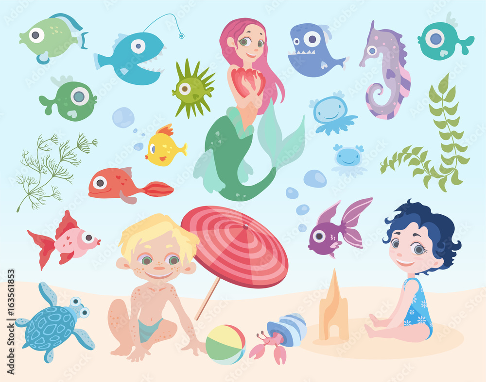 Beach kids vacation at sea. Set of vector illustrations. Boy and girl ...