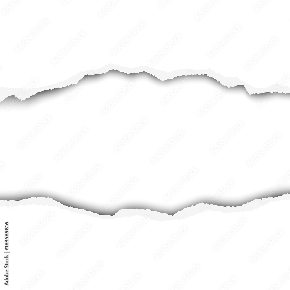 Snatched middle in white paper. Damaged sheet with white background for ...