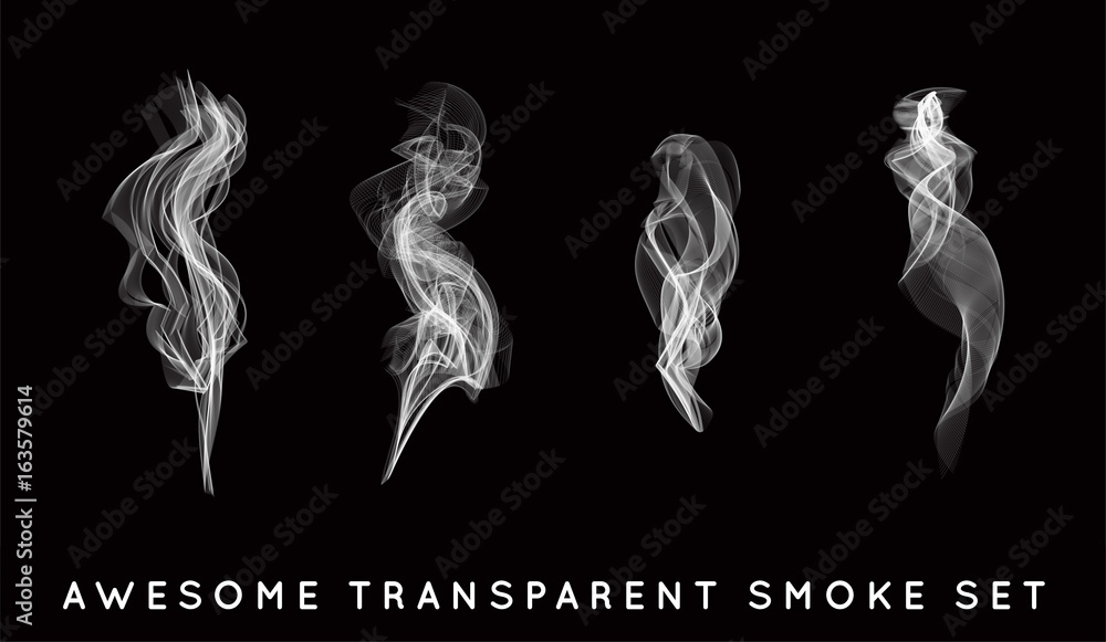Set of digital realistic smoke vector illustration, curly smoke flow ...