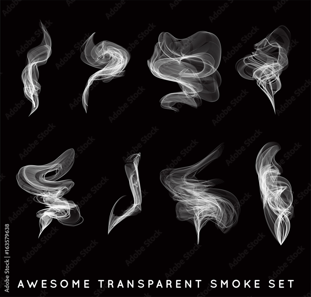 Set of digital realistic smoke vector illustration, curly smoke flow ...