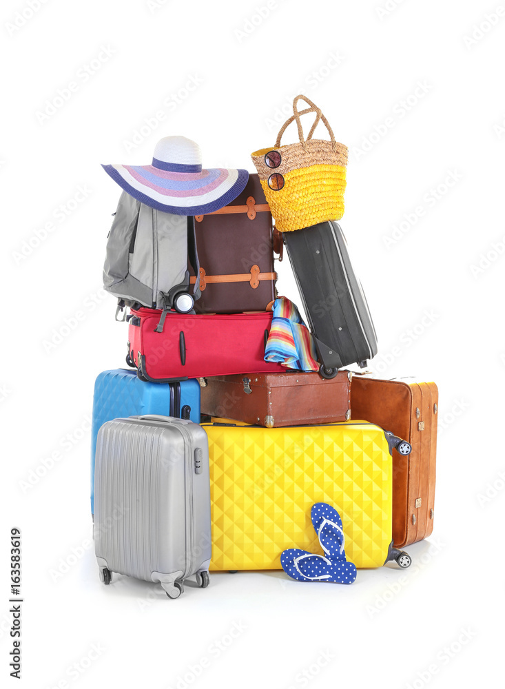 Pile of different heavy luggage on white background. Overweight concept ...