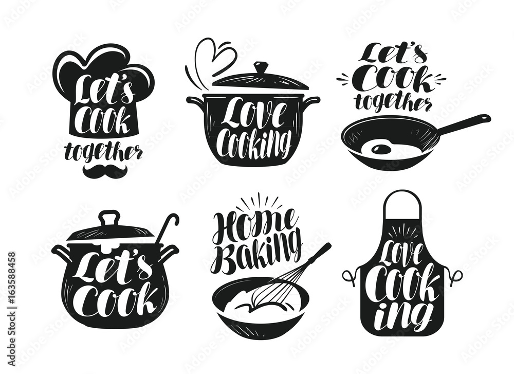 Cooking, cookery, cuisine label set. Cook, chef, kitchen utensils icon ...