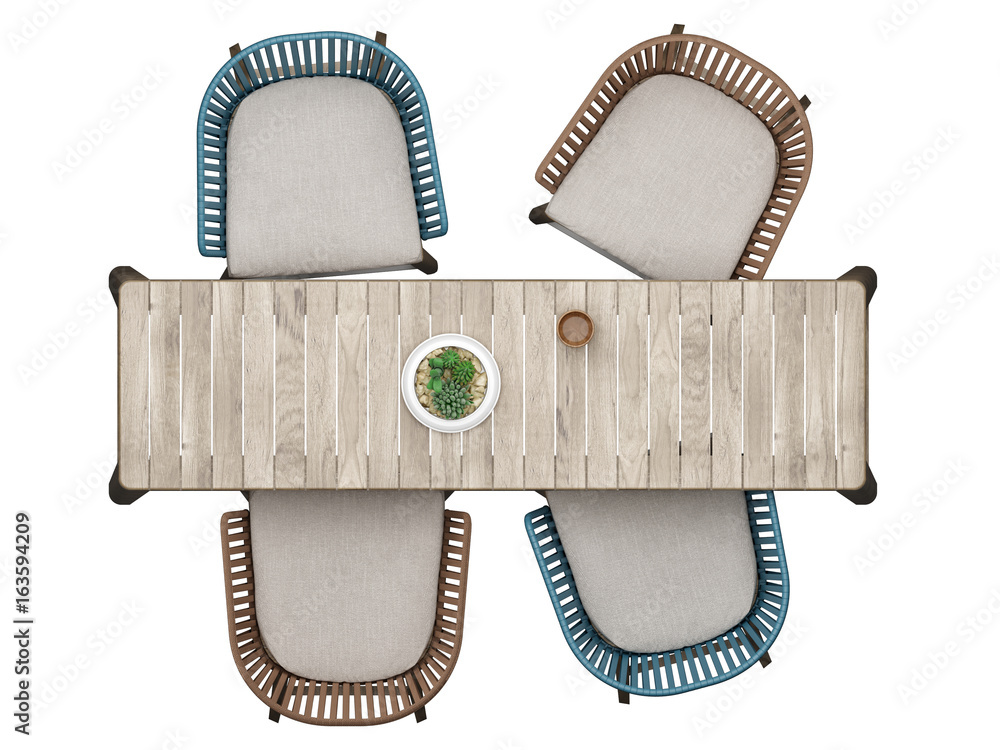 Top view furniture, mock up table with four chairs isolated on white ...