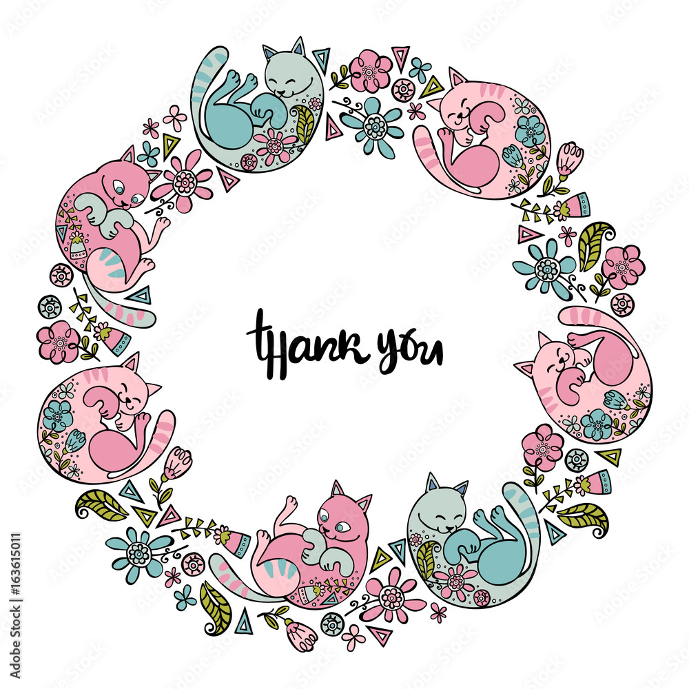Thank you. Cute cats. Flowers. Frame - wreath. Isolated vector object ...