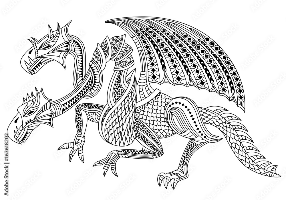 Beautiful two headed dragon. Zentangle and doodle style. Coloring book ...