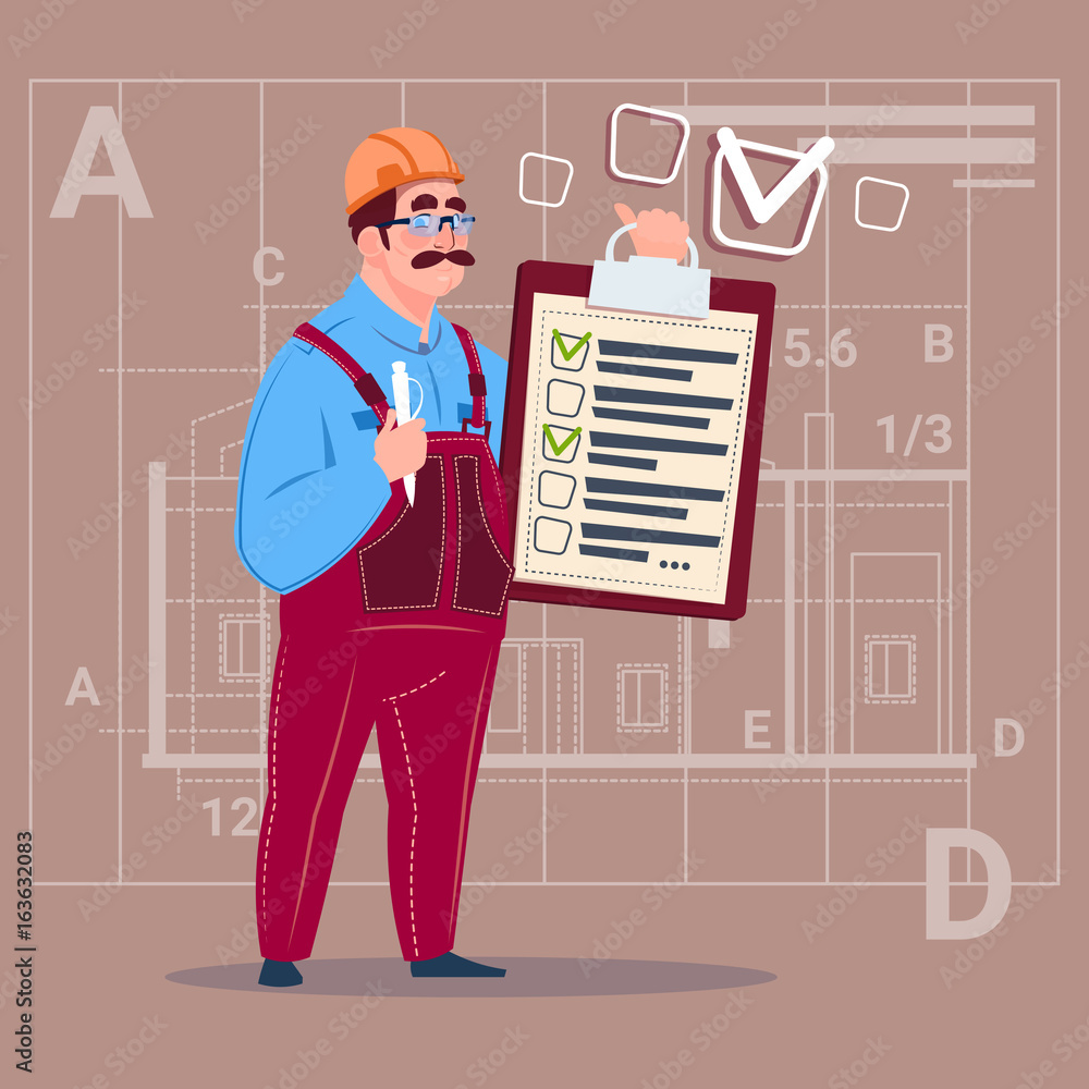 Cartoon Builder Carpenter Hold Checklist Construction Worker Over ...