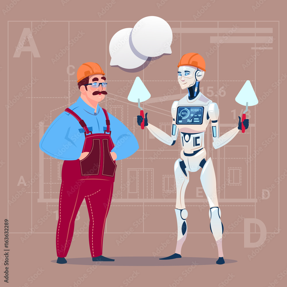 Cartoon Builder Working With Robot Holding Spatula Modern Building ...
