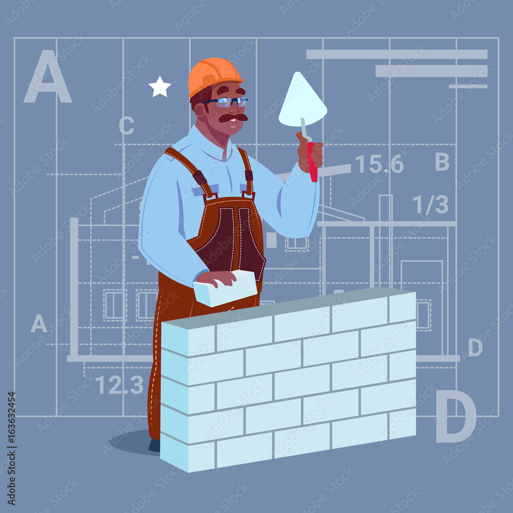 Cartoon African American Builder Laying Brick Wall Hold Spatula Over ...