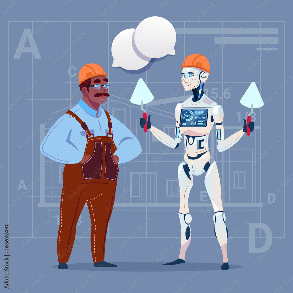 Cartoon African American Builder Working With Robot Holding Spatula ...