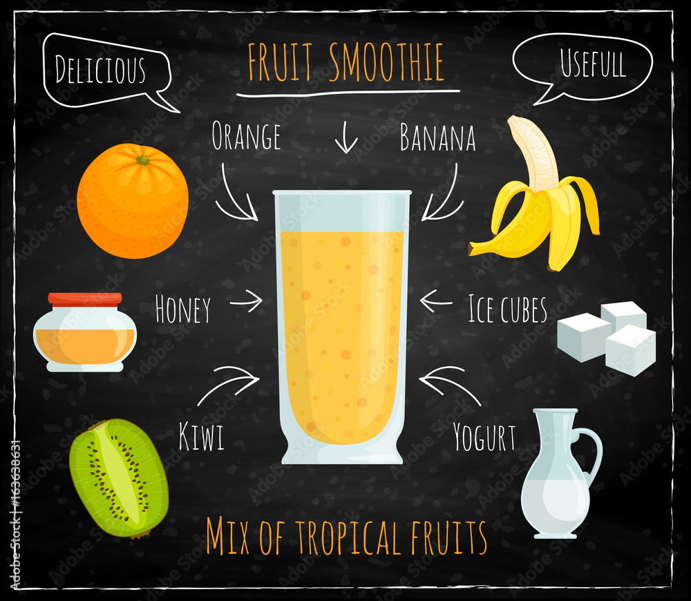 Vector recipe for fruit smoothies. A cocktail of tropical fruits on a ...