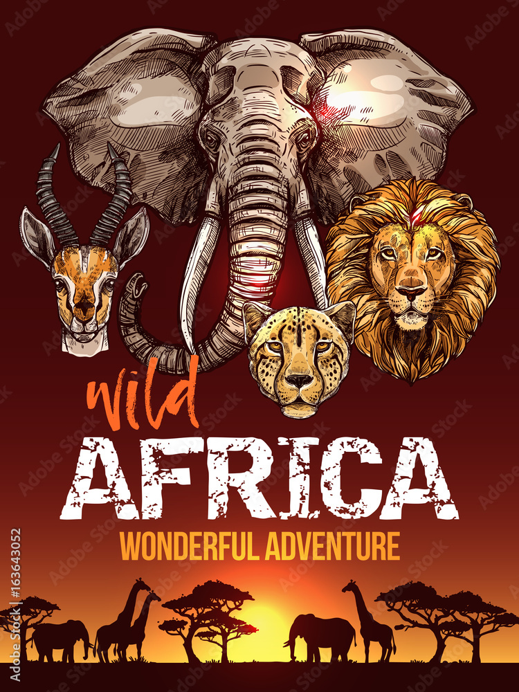 African safari poster with wild animals sketches Stock Vector | Adobe Stock