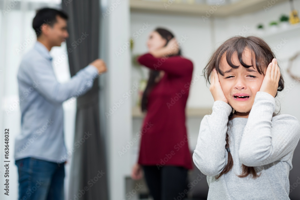 Frustrated of little girl is disaster in argument of mother and father ...