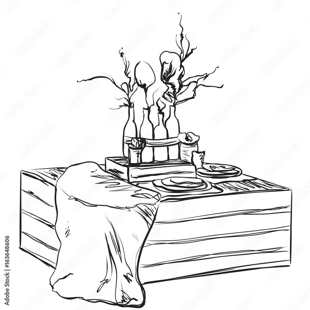 Dining table with flowers. Hand Drawn Sketch Vector illustration. Stock ...