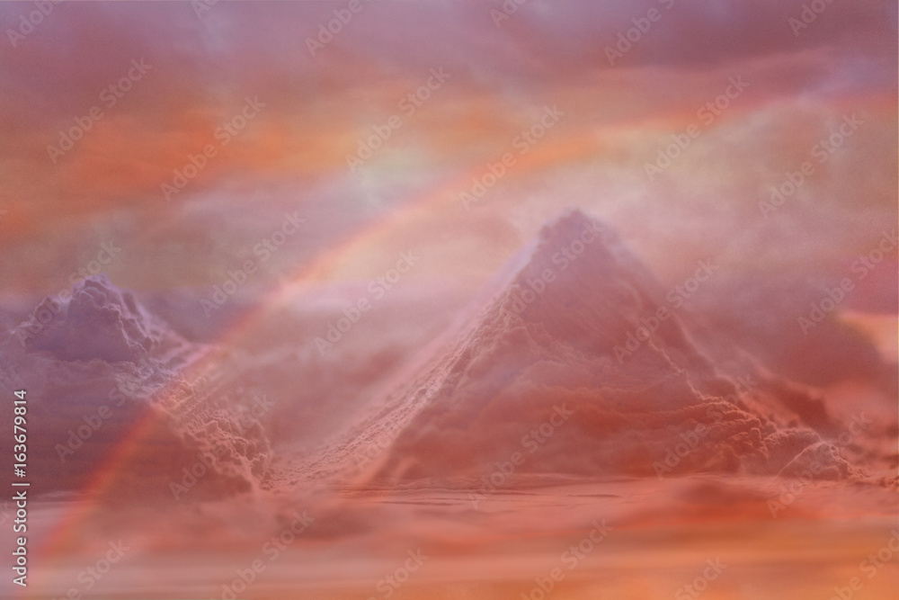 Poster Another world. Mountain peaks, a rainbow and incredible colors ...
