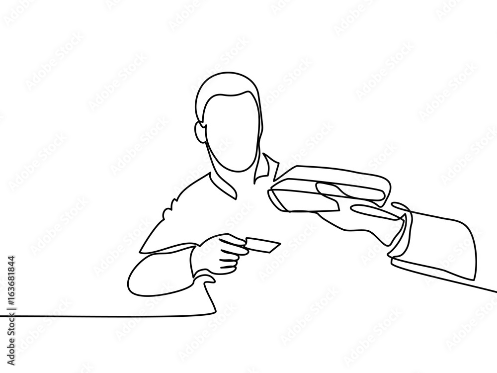 Man entering credit card in swipe machine. Continuous line drawing ...