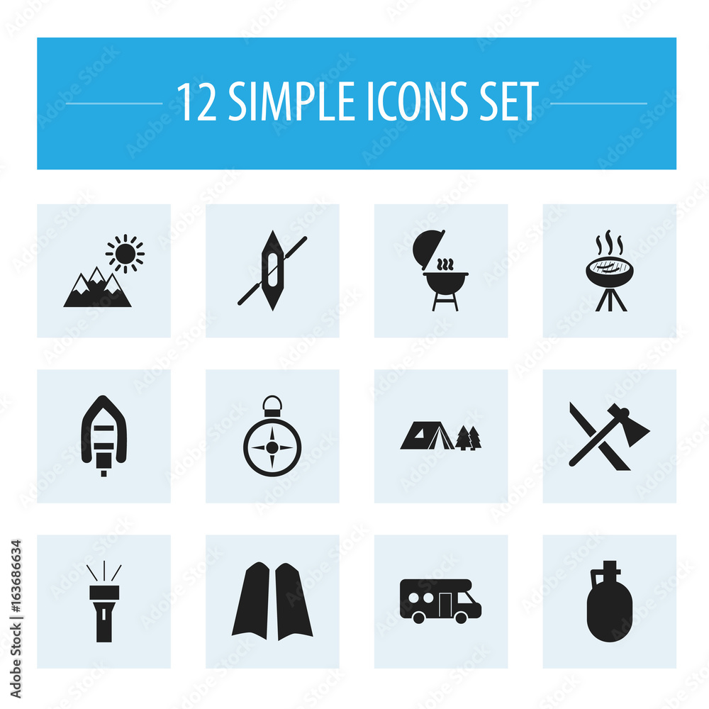 Set Of 12 Editable Camping Icons. Includes Symbols Such As Barbecue ...