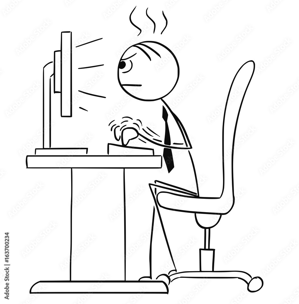 Vector Stick Man Cartoon of Man Working Typing Hard on the Computer ...