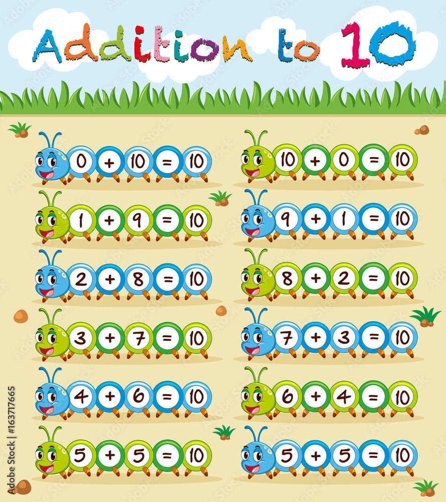 Addition to ten worksheet with caterpillar Stock Vector | Adobe Stock