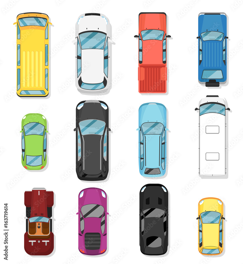 Top view modern city car set. Hatchback, universal, pick up, van, off ...