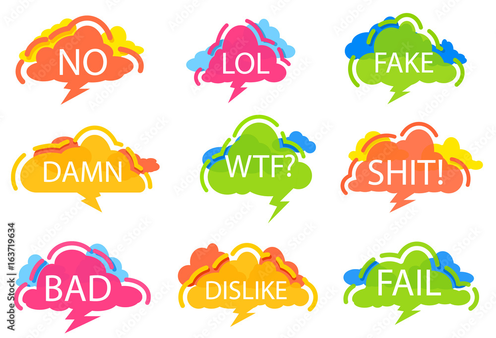 Trendy speech bubble colorful set. Most commonly used acronyms and ...