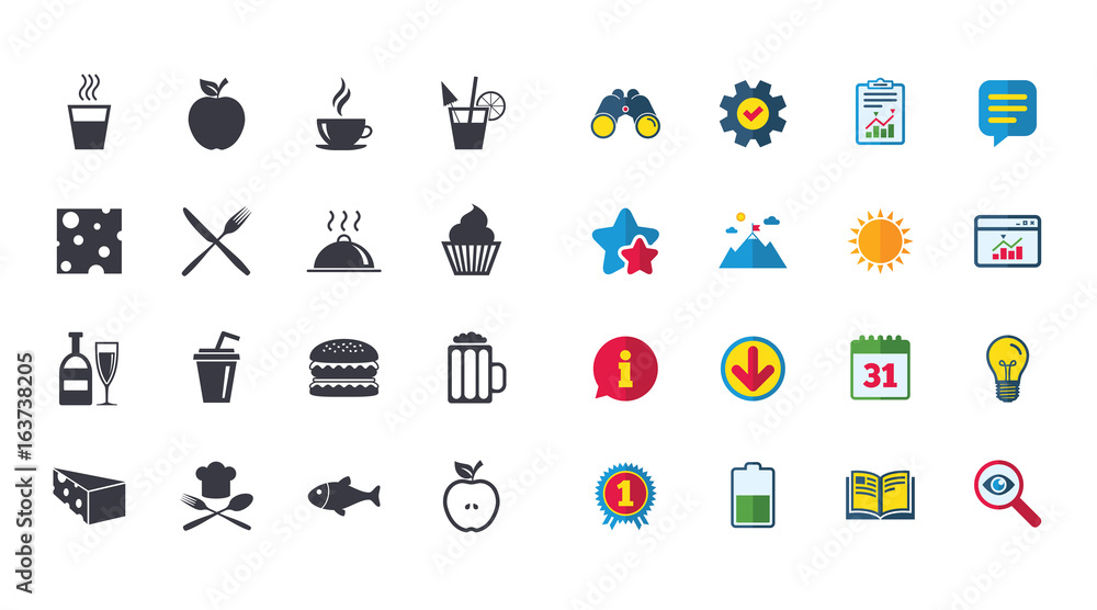 Set of Food and Drinks icons. Restaurant meal, Wine and Cheese signs ...