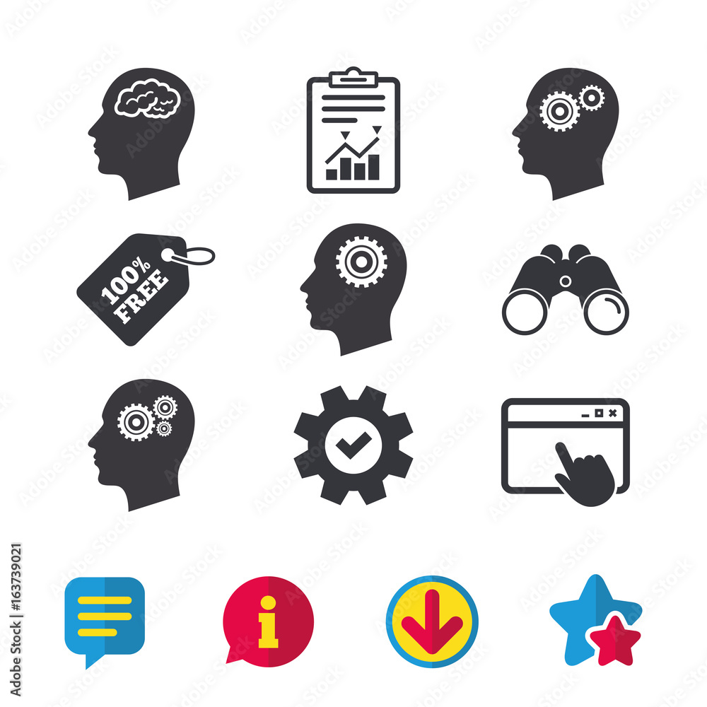 Head with brain icon. Male human think symbols. Cogwheel gears signs ...