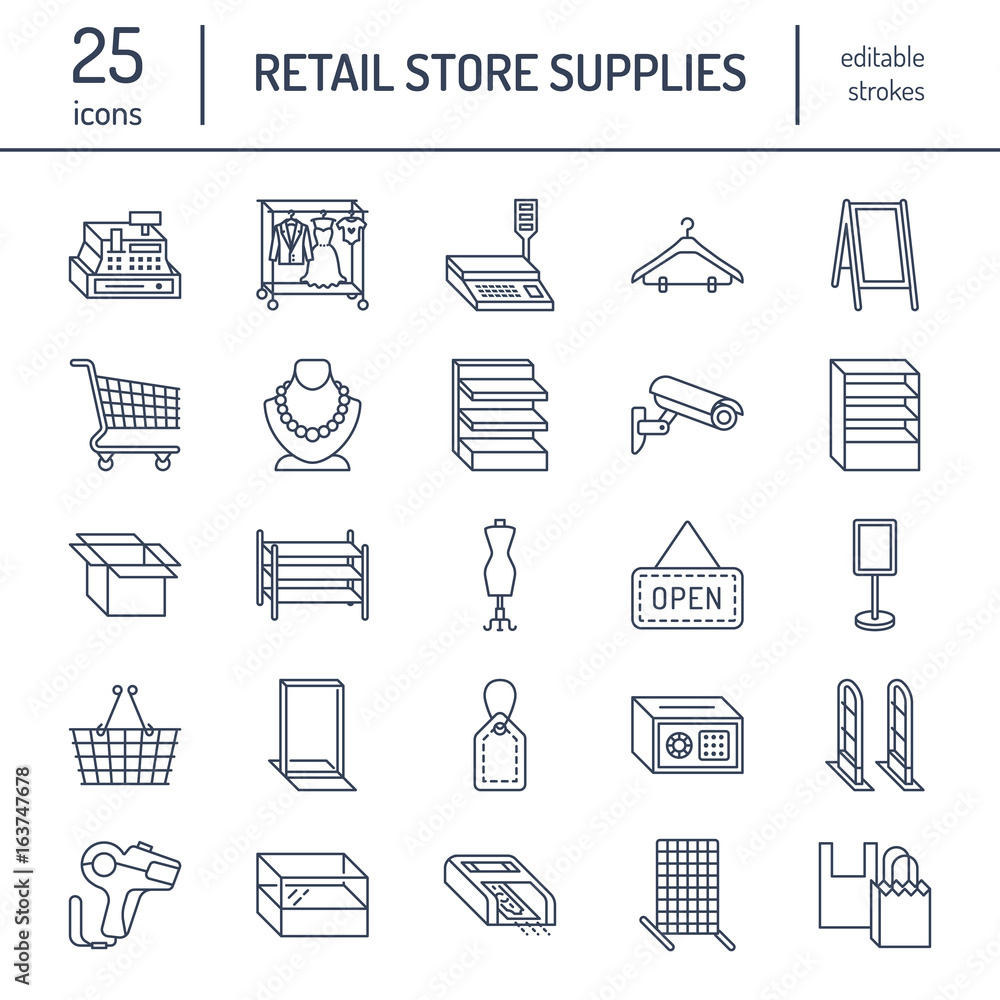 Retail store supplies line icons. Trade shop equipment signs ...