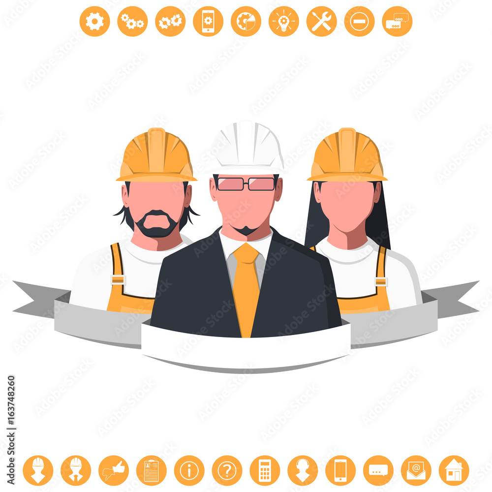 Male and female silhouettes of engineers with icons isolated on white ...