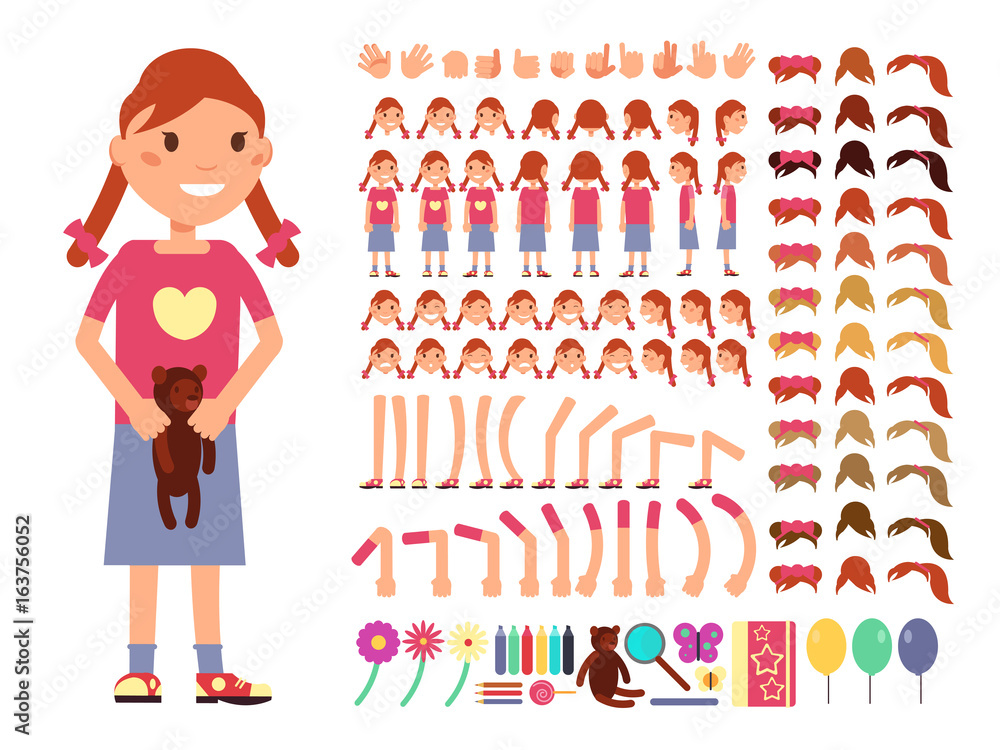 Cartoon cute little girl character. Vector creation constructor with ...