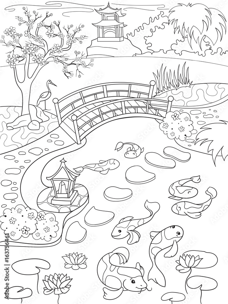 Nature of Japan coloring book for children cartoon. Japanese garden ...