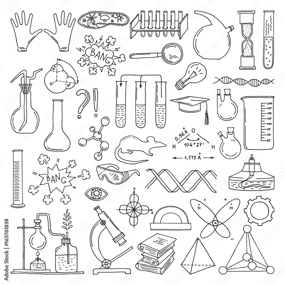 Black silhouette of scientific symbols. Chemistry and biology art ...