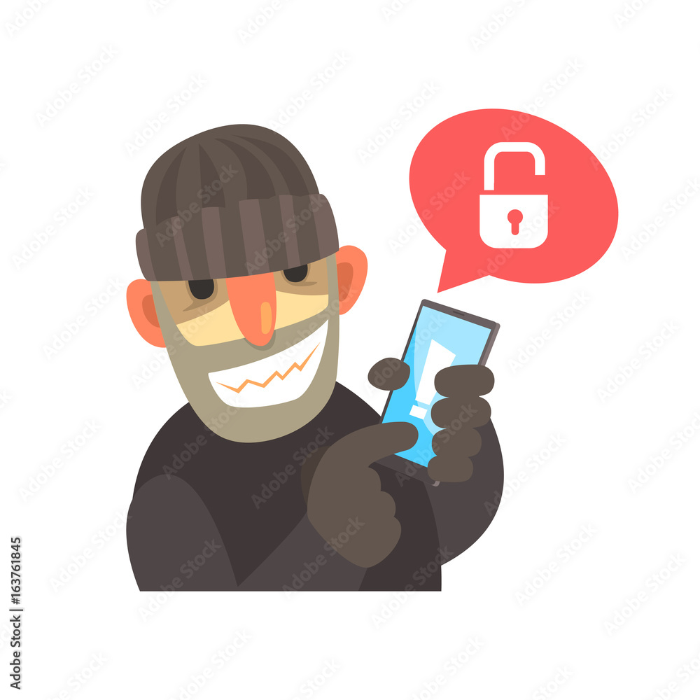 Smiling cartoon hacker holding a hacked smartphone cartoon vector ...