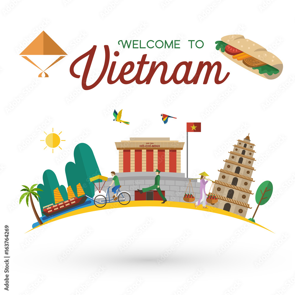 Flat design, Welcome to Vietnam icons and landmarks, vector Stock ...