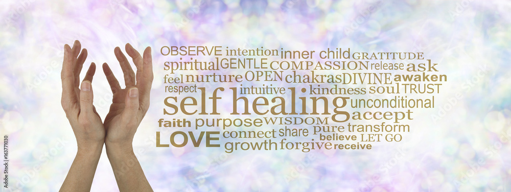 Heal Thyself - female cupped hands reaching upwards on a subtle pastel ...