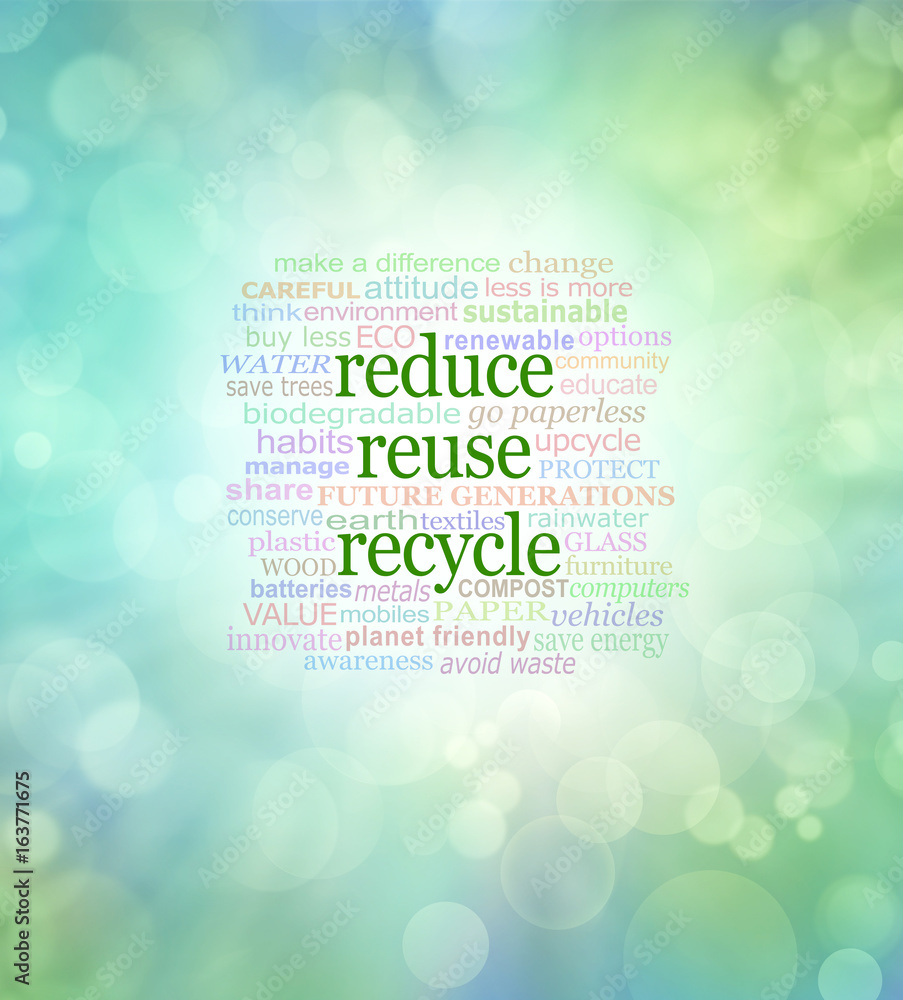 Reduce Reuse Recycle Word Cloud - Green bokeh background with the words ...